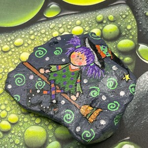 Cute Witch on Broom, Hand Painted Rock, Halloween Art, Stone Painting ...