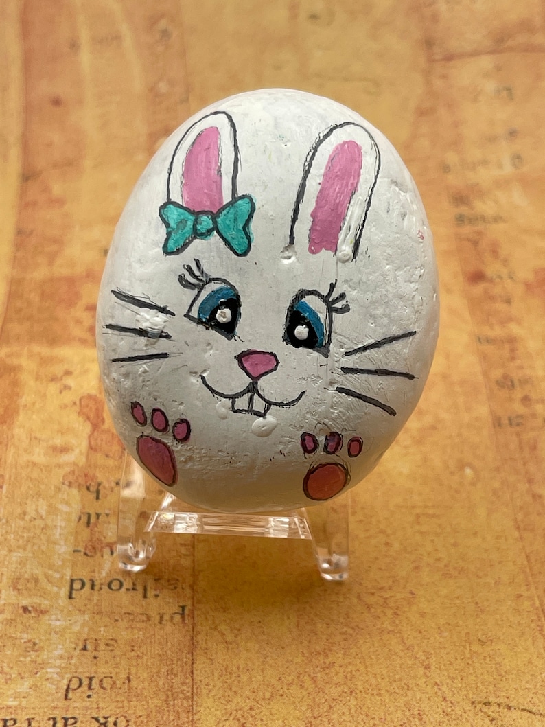 Cute Easter Bunny With a Bow, Easter Decor, Spring Painted Rock, Stone ...