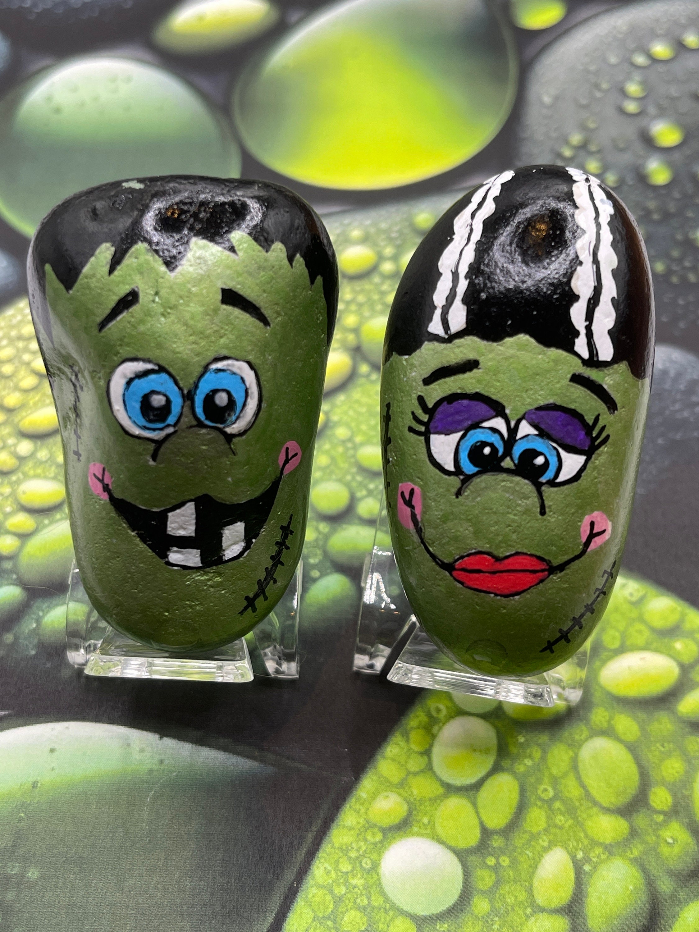 Whimsical Frankenstein and Bride Pair Hand Painted Rocks, Halloween ...