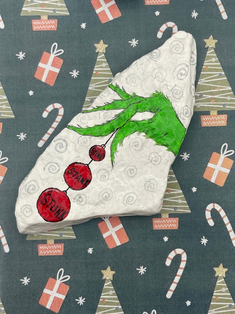 Stink Stank Stunk Christmas Grinch Hand, Holiday Stone Art, Painted ...