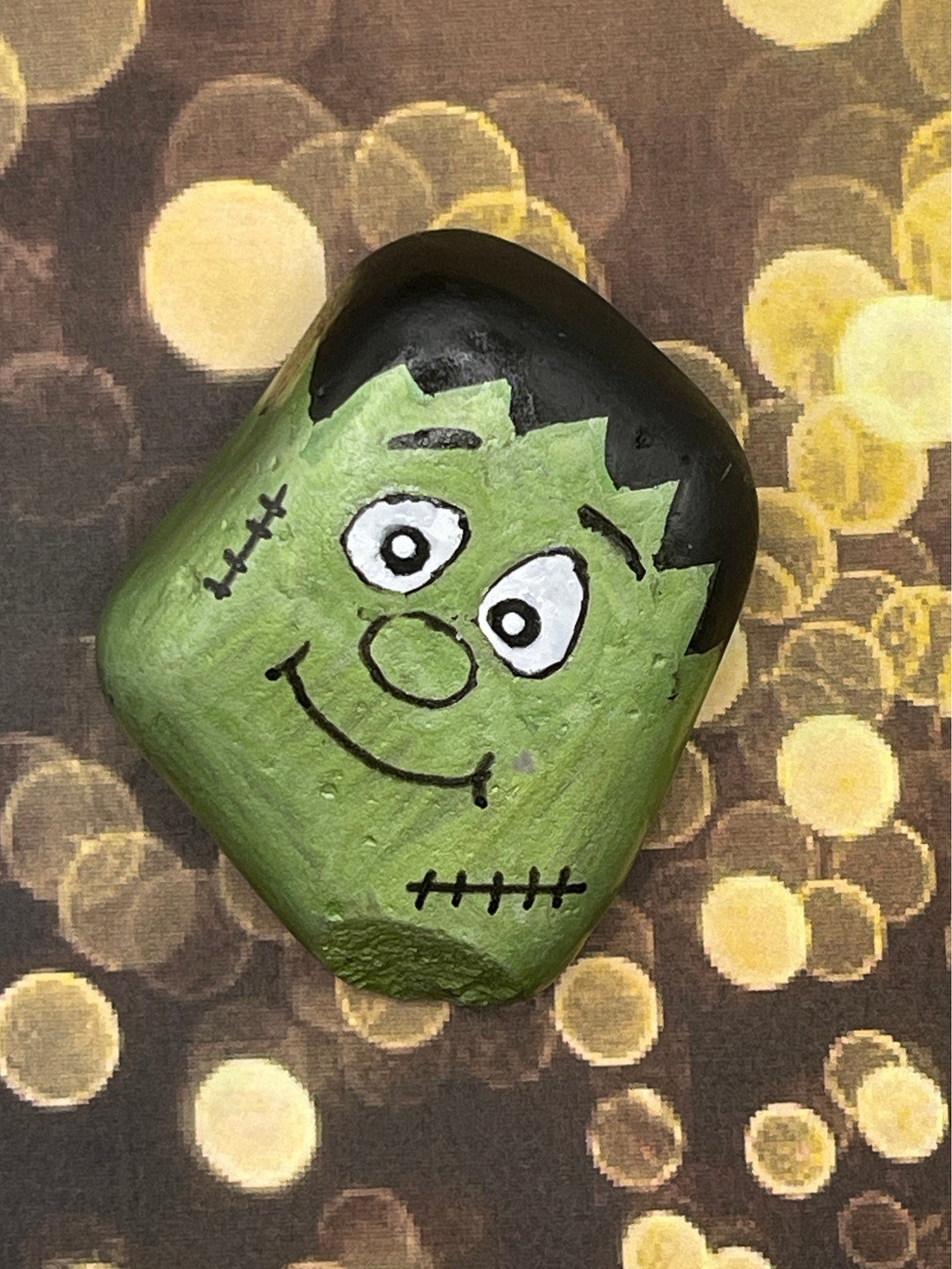 Hand Painted Rock, Happy Cartoon Face Frankenstein, Halloween Art ...
