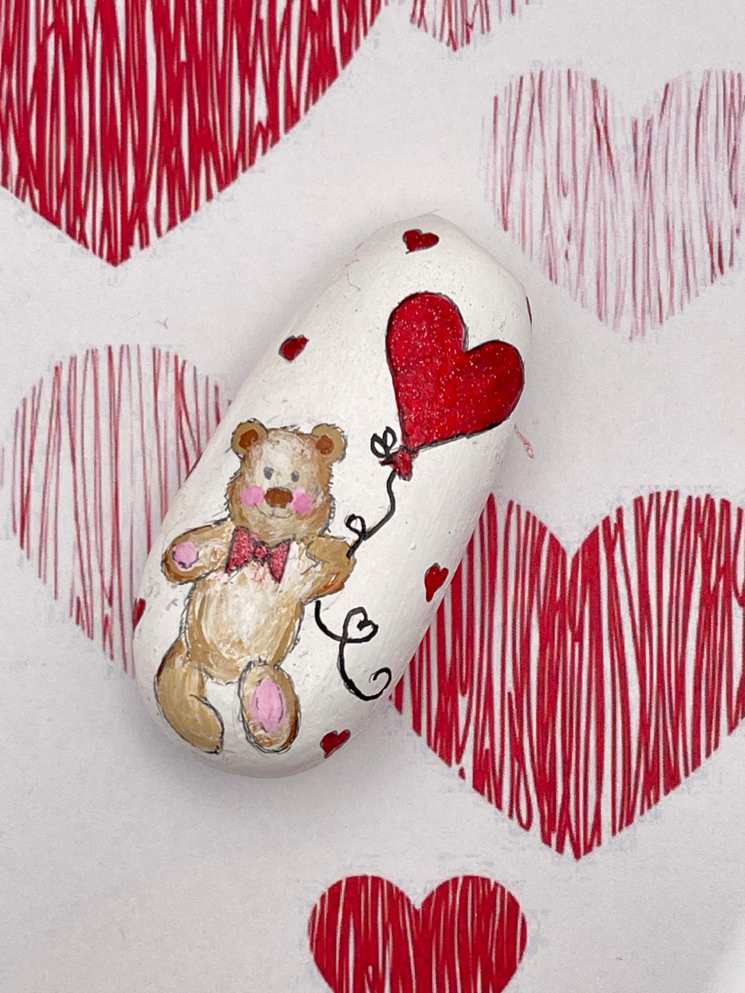 Whimsical Teddy Bear Holding Heart Balloon, Valentine Gift, Painted ...