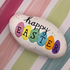 Happy Easter Rock Art on Pastel Eggs, Easter Stone Decor, Hand Painted ...