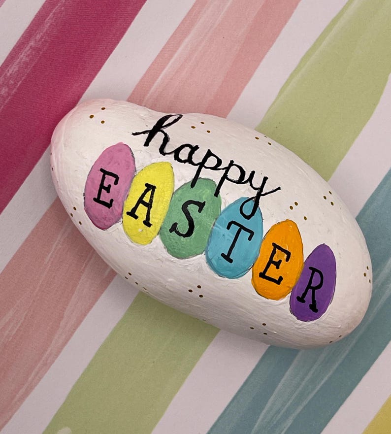 Happy Easter Rock Art on Pastel Eggs, Easter Stone Decor, Hand Painted ...