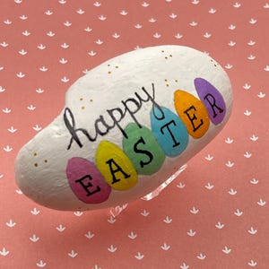 Happy Easter Rock Art on Pastel Eggs, Easter Stone Decor, Hand Painted ...