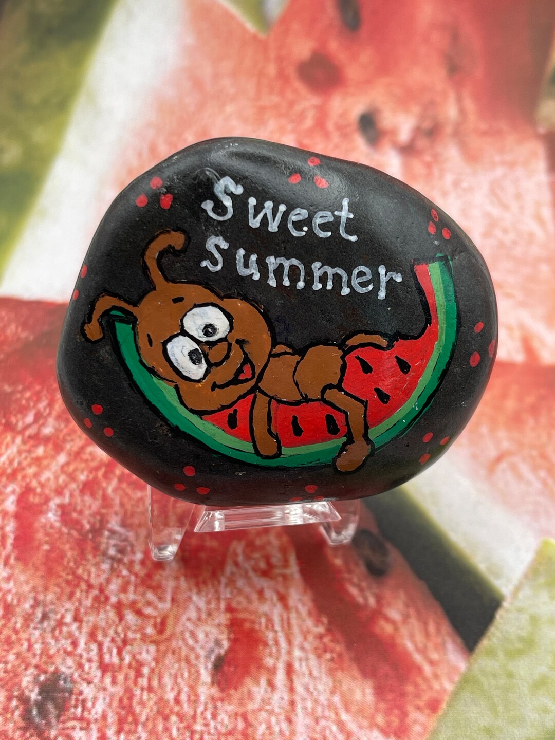 Cartoon Ant Eating Watermelon, Sweet Summer, Painted Rock, Painted ...
