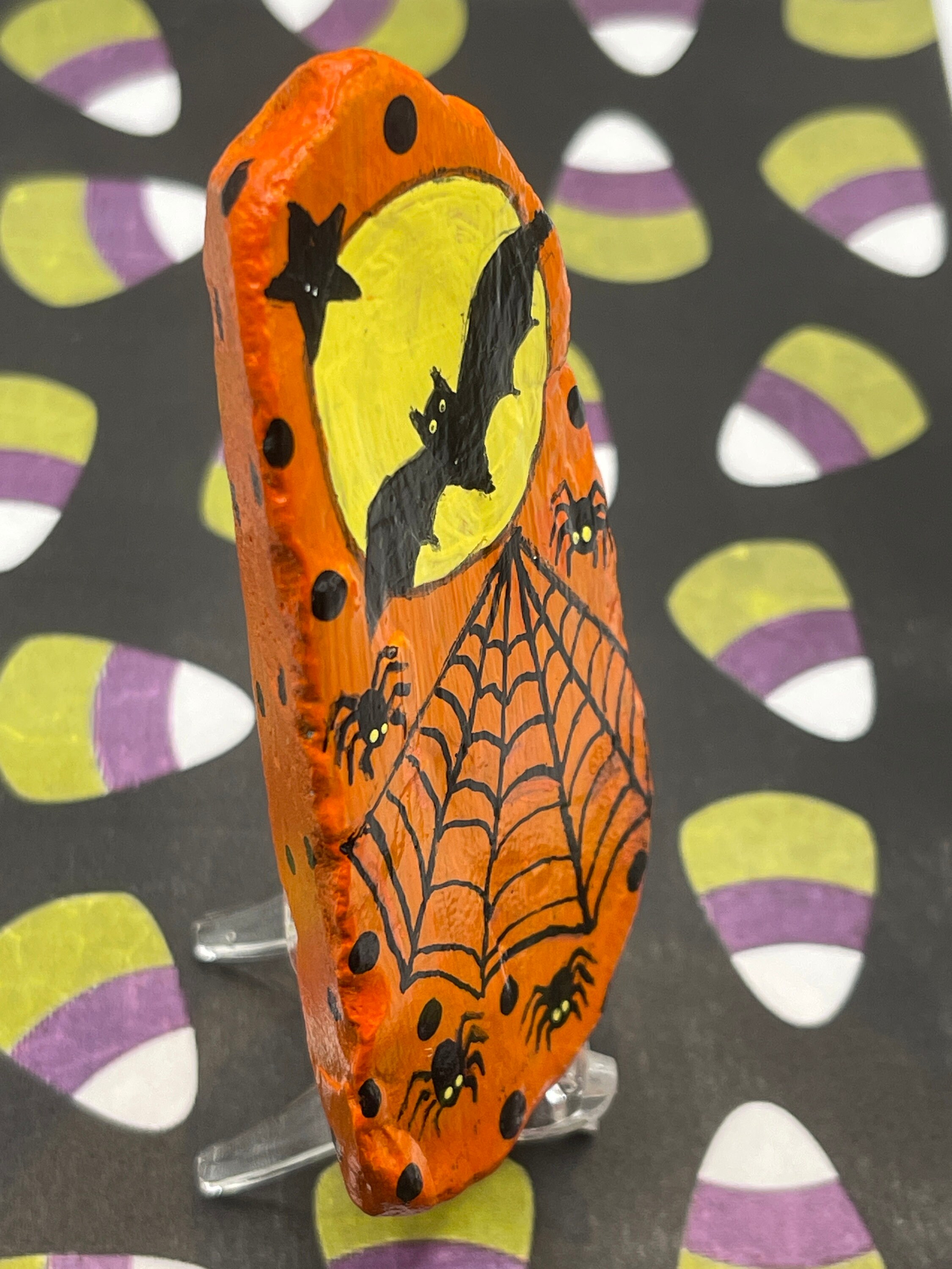 Bat With Full Moon Spiders Spiderweb, Hand Painted Rock, Cute Halloween ...