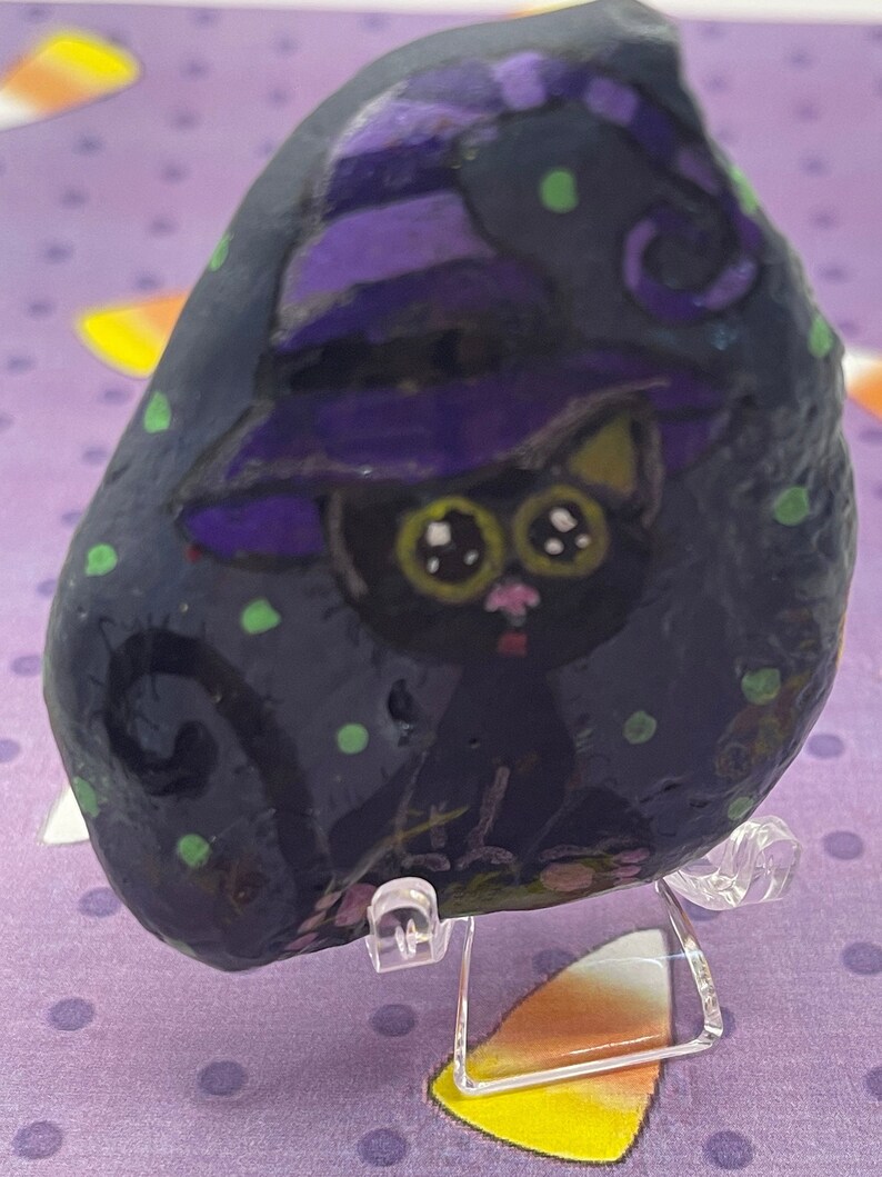 Black Cat With Witch Hat, Hand Painted Rock, Halloween Decoration ...