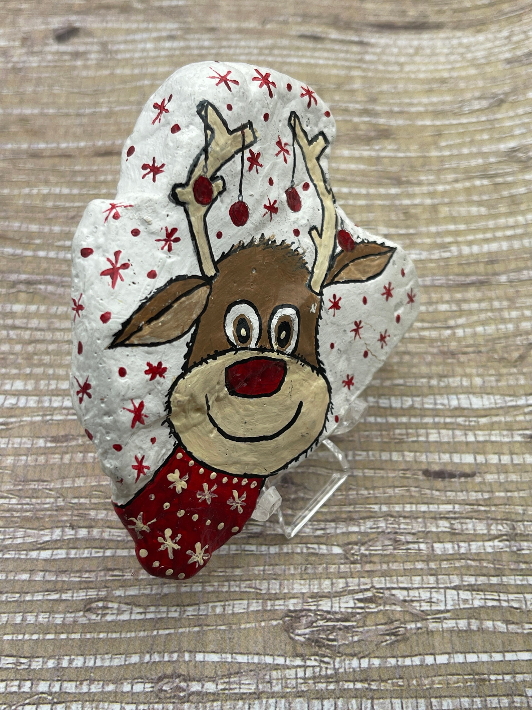 Christmas Reindeer Rudolph, Painted Rock, Holiday Winter Decor, Stone ...