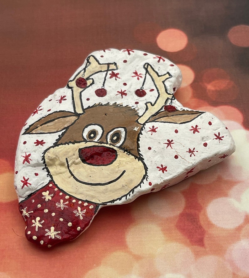 Christmas Reindeer Rudolph, Painted Rock, Holiday Winter Decor, Stone ...