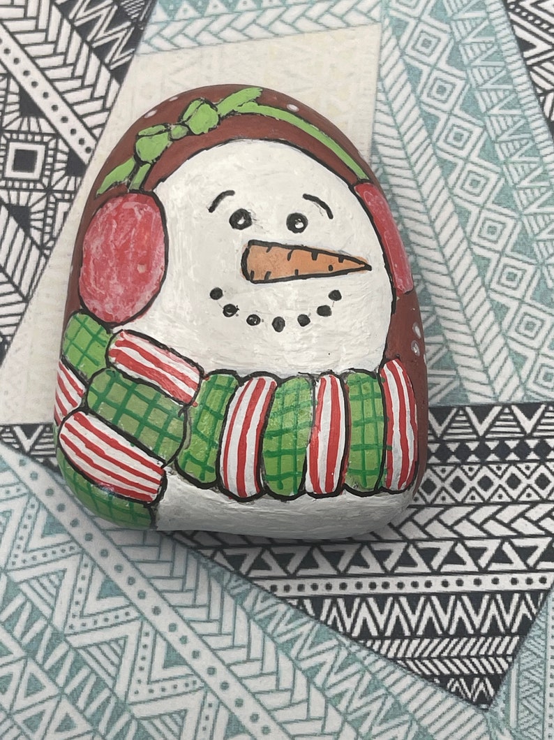 Winter Snowman With Earmuffs and Scarf, Christmas Holiday, Painted Rock ...