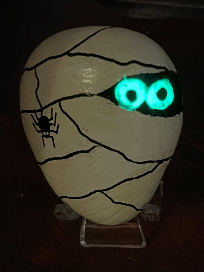 Mummy Painted Rock With Glow in the Dark Eyes and Dangling Spider, Hand ...