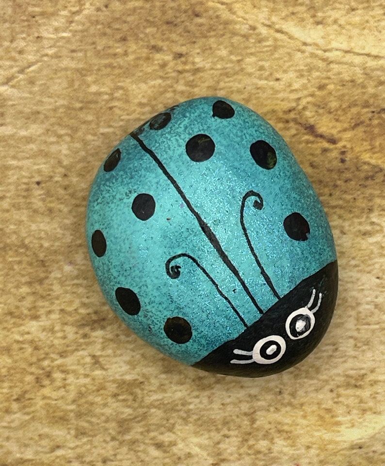 Cute Turquoise Glitter Ladybug, Cartoon Animal Art, Painted Rock, Stone ...