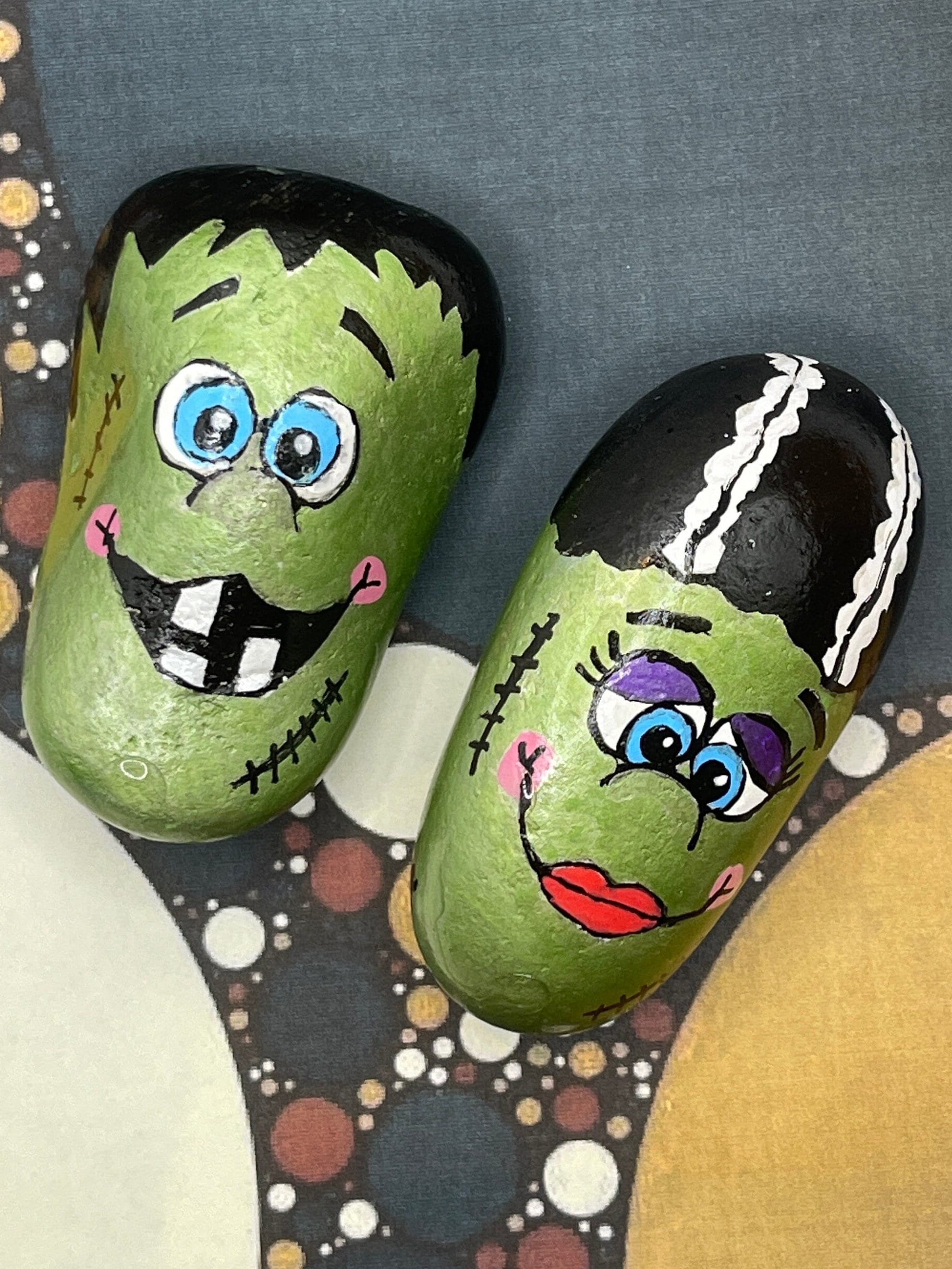 Whimsical Frankenstein and Bride Pair Hand Painted Rocks, Halloween ...