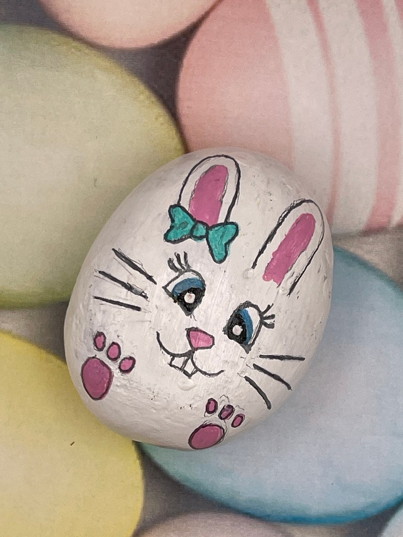 Cute Easter Bunny With a Bow, Easter Decor, Spring Painted Rock, Stone ...