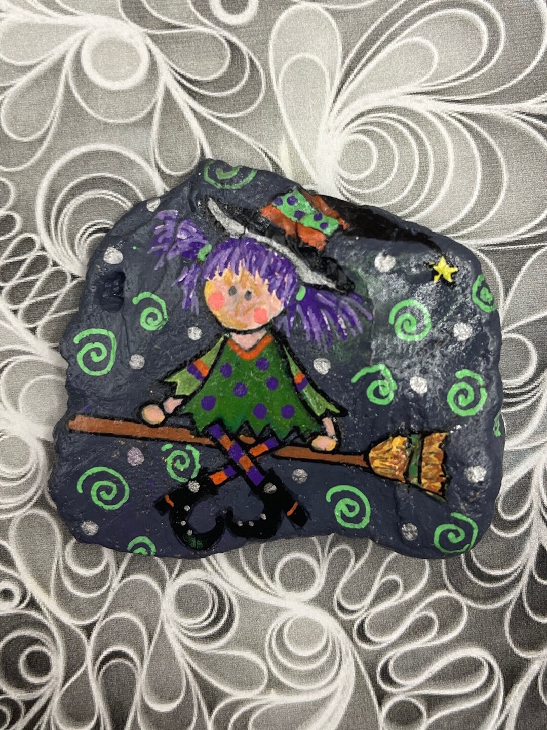 Cute Witch on Broom, Hand Painted Rock, Halloween Art, Stone Painting ...