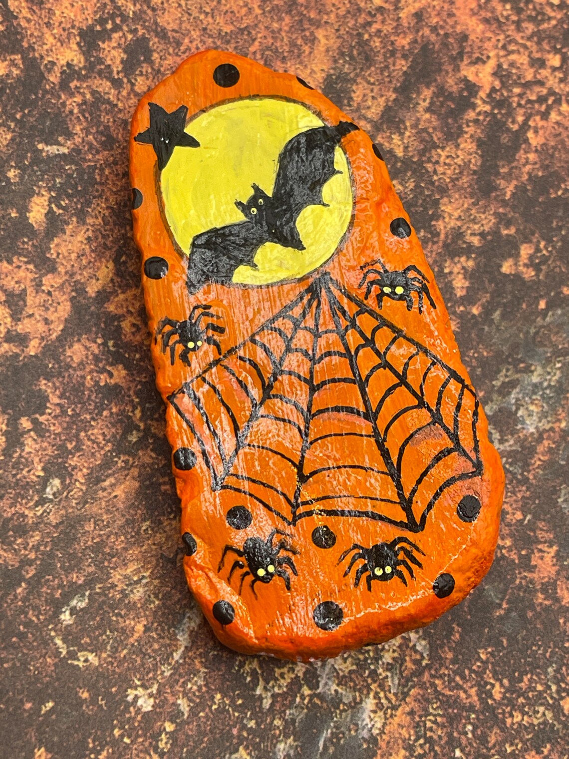 Bat With Full Moon Spiders Spiderweb, Hand Painted Rock, Cute Halloween ...
