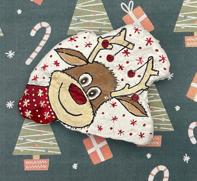 Christmas Reindeer Rudolph, Painted Rock, Holiday Winter Decor, Stone ...