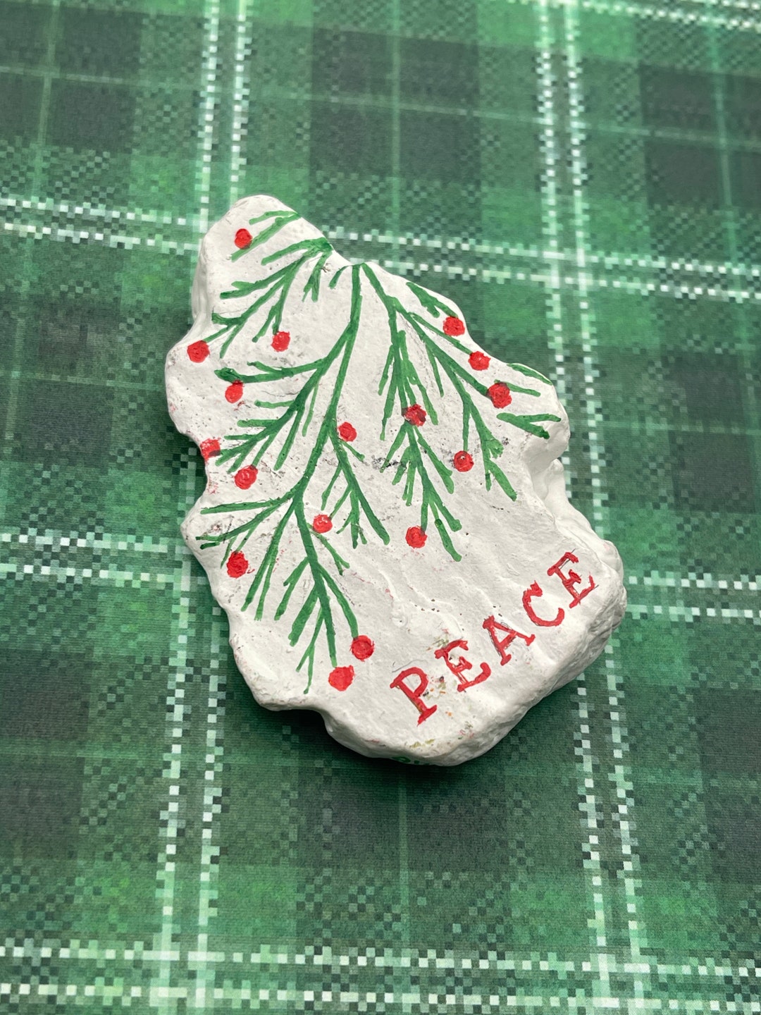Peace on Earth Christmas Tree Branch, Holiday Pebble Art Decor, Painted ...