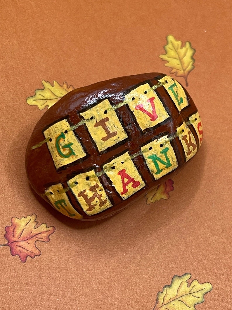 Give Thanks Banner, Thanksgiving Fall Decor, Hand Painted Rock, Stone ...