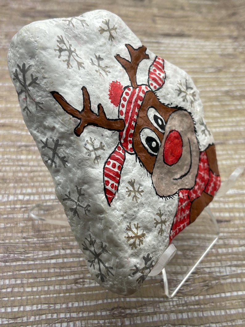 Christmas Reindeer Rudolph Wearing Hat and Scarf, Painted Rock, Holiday ...