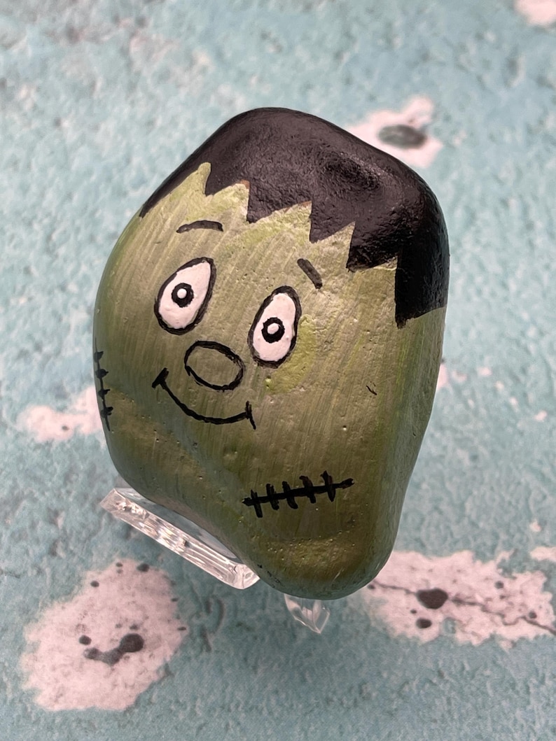 Happy Cartoon Face Frankenstein, Halloween Painted Rock, Spooky Fall ...