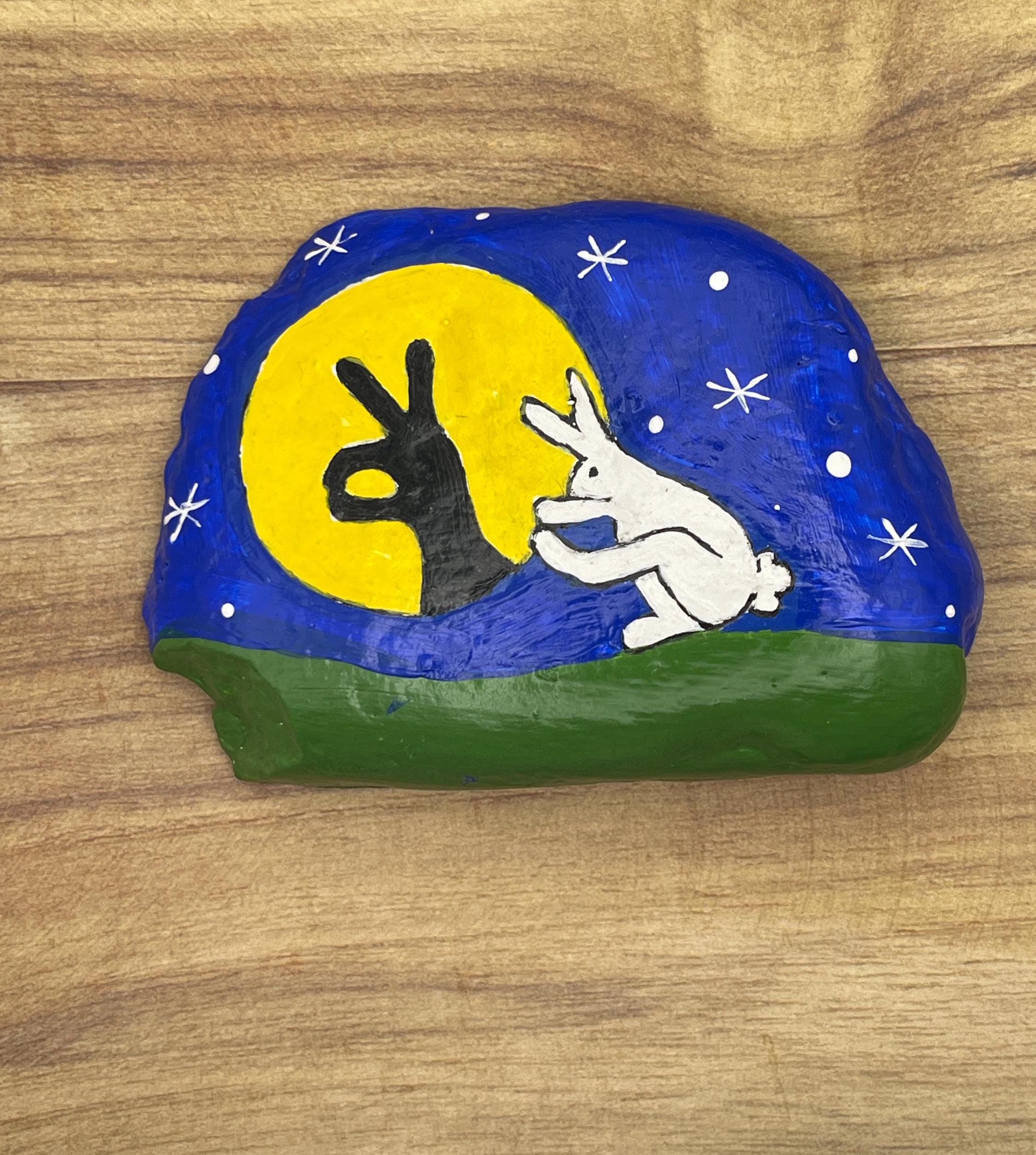 Whimsical Rabbit Making Shadow Puppet on Full Moon, Painted Rock ...