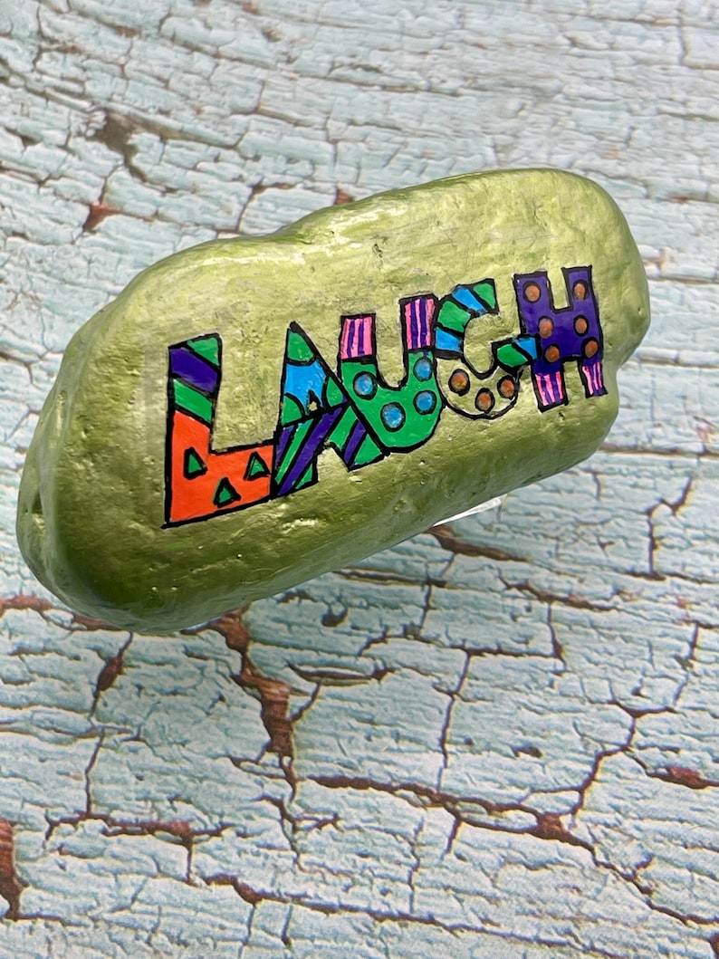 Laugh, Metallic Hand Painted Rock, Positivity Pebble, Stone Art, Sealed ...