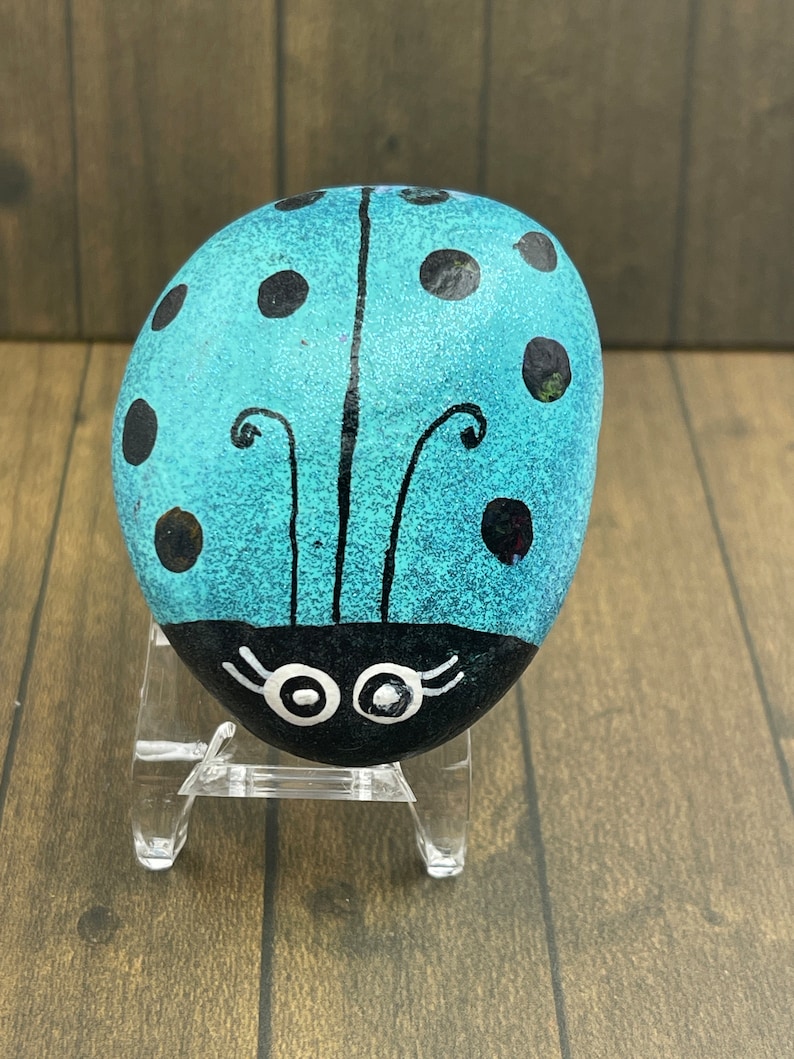 Cute Turquoise Glitter Ladybug, Cartoon Animal Art, Painted Rock, Stone ...