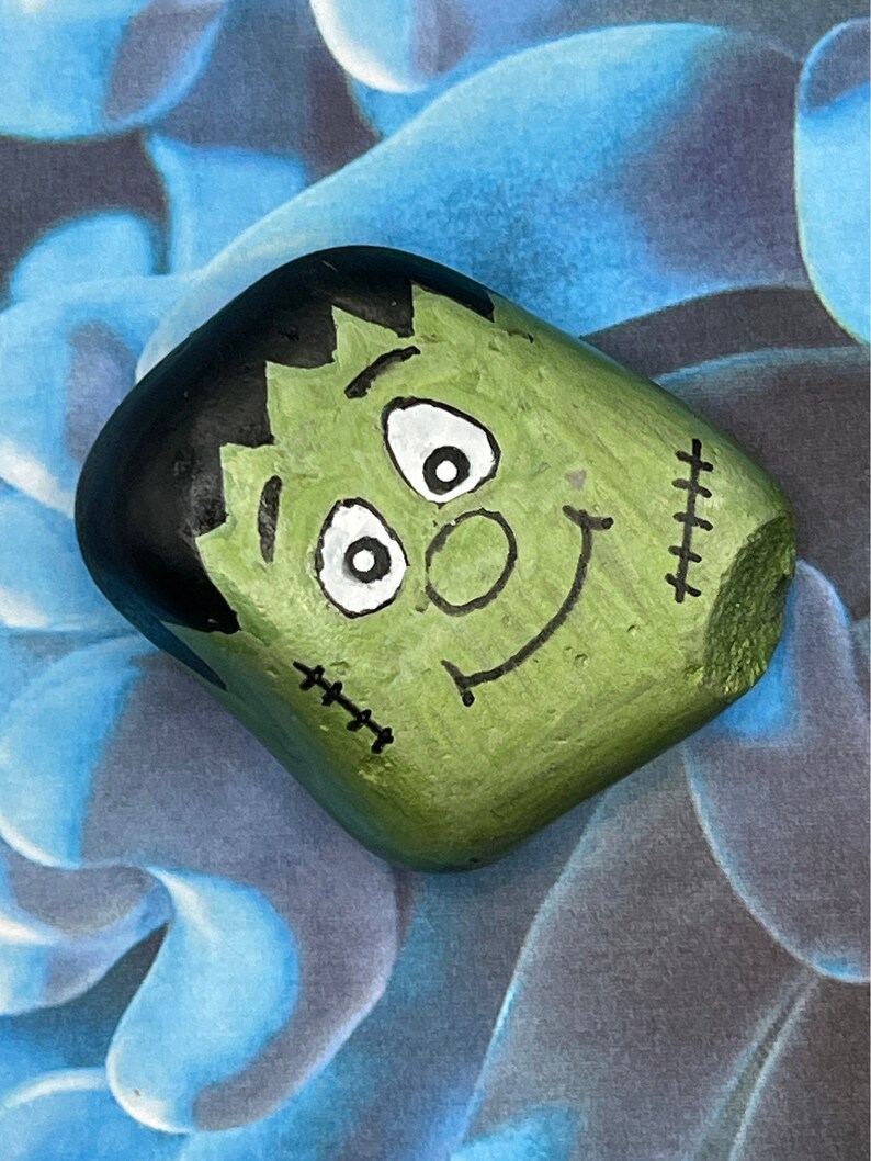 Hand Painted Rock, Happy Cartoon Face Frankenstein, Halloween Art ...