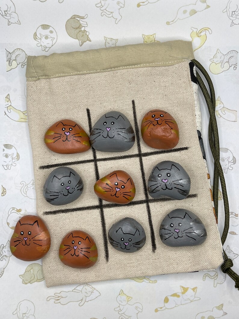 Cat Tic Tac Toe Painted Pebble Board Game, Kids Gift Set, Travel Game ...