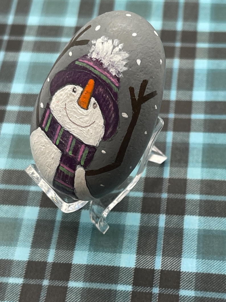 Snowman With Arms up in Snowfall, Winter Painted Rock, Stocking Stuffer ...