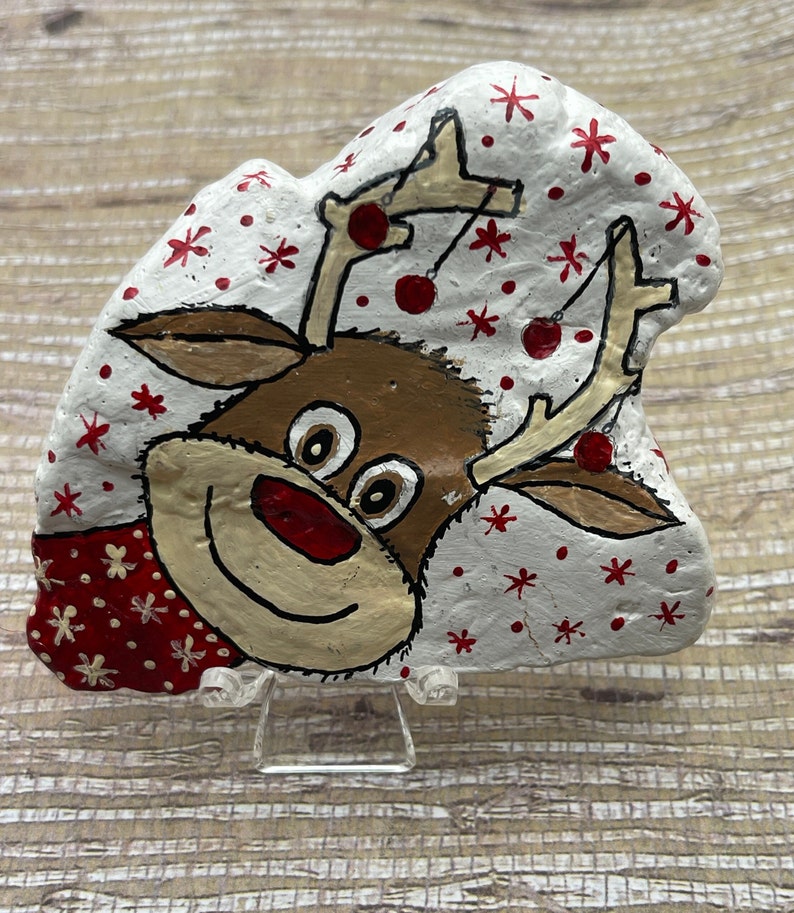 Christmas Reindeer Rudolph, Painted Rock, Holiday Winter Decor, Stone ...