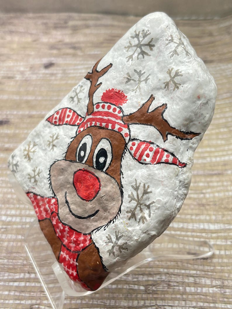 Christmas Reindeer Rudolph Wearing Hat and Scarf, Painted Rock, Holiday ...