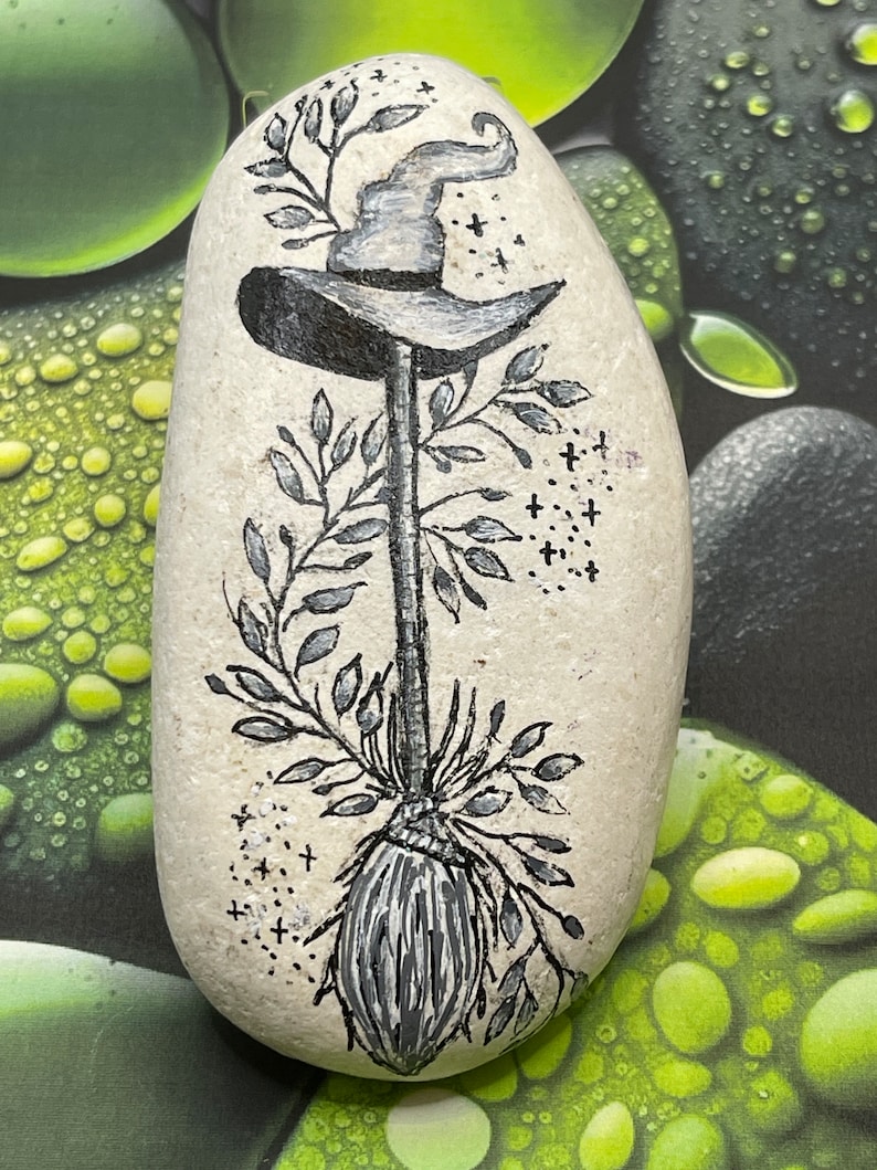 Black and Gray Witch Hat and Broom Hand Painted Rock, Spooky Fall ...
