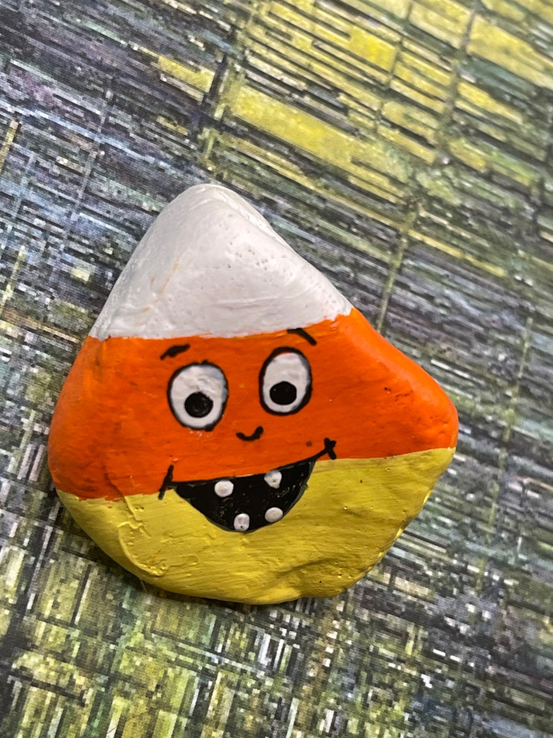 Cartoon Smiling Teeth Face Candy Corn, Hand Painted Rock, Fall Art ...