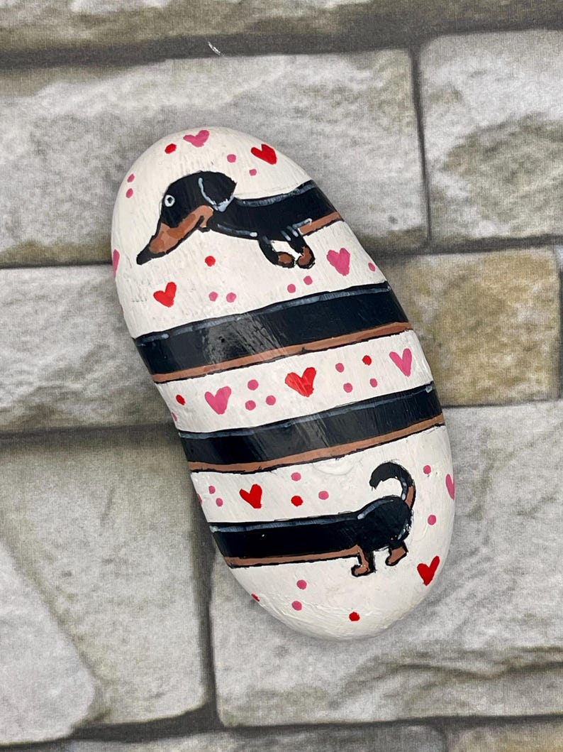 Adorable Dachshund Wrapped Around Painted Rock With Hearts, Unique Pet ...