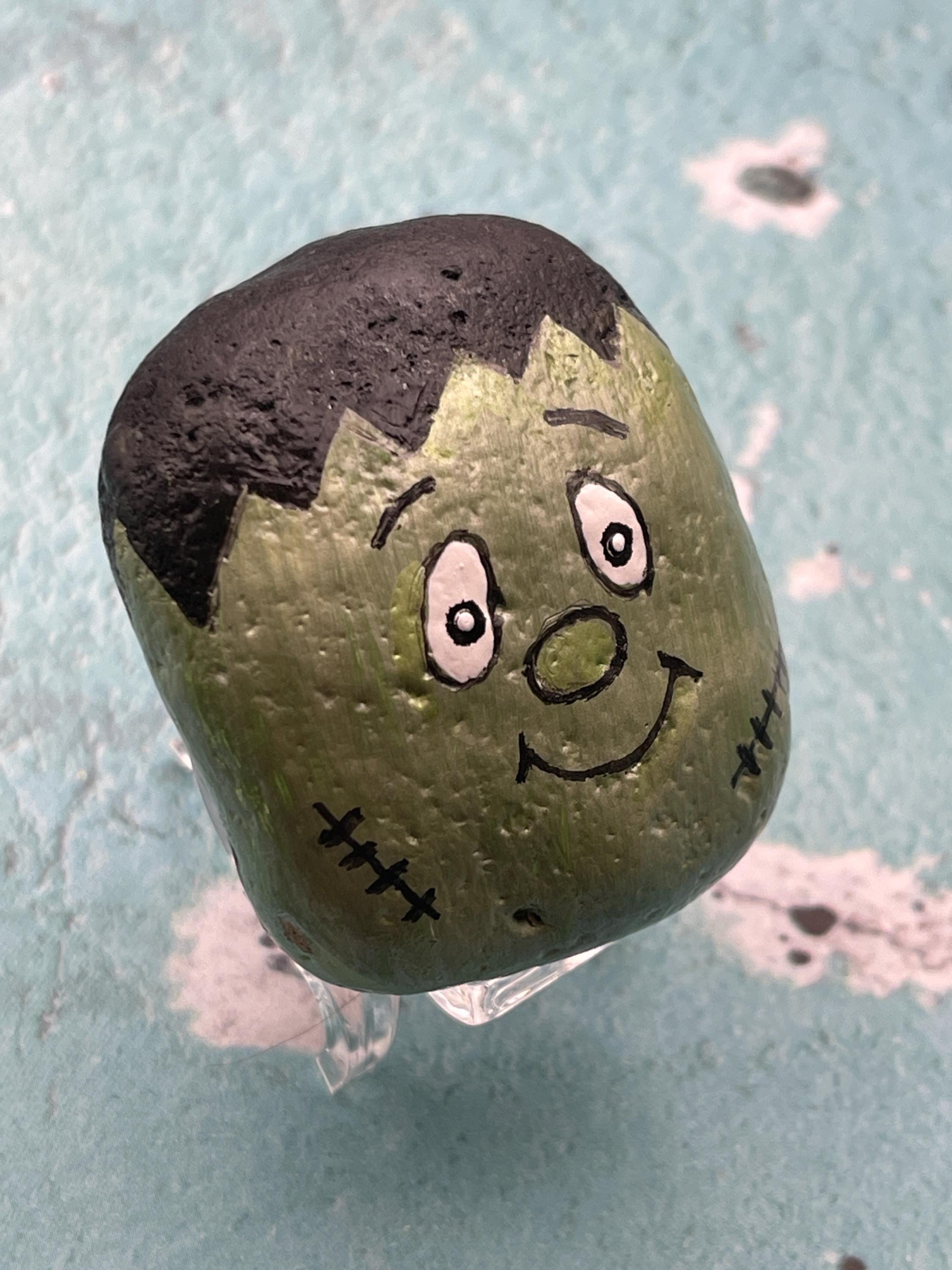 Hand Painted Rock, Happy Cartoon Face Frankenstein, Halloween Art ...