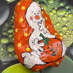Whimsical Ghost With Pumpkin, Halloween Pebble Art, Hand Painted Rock ...