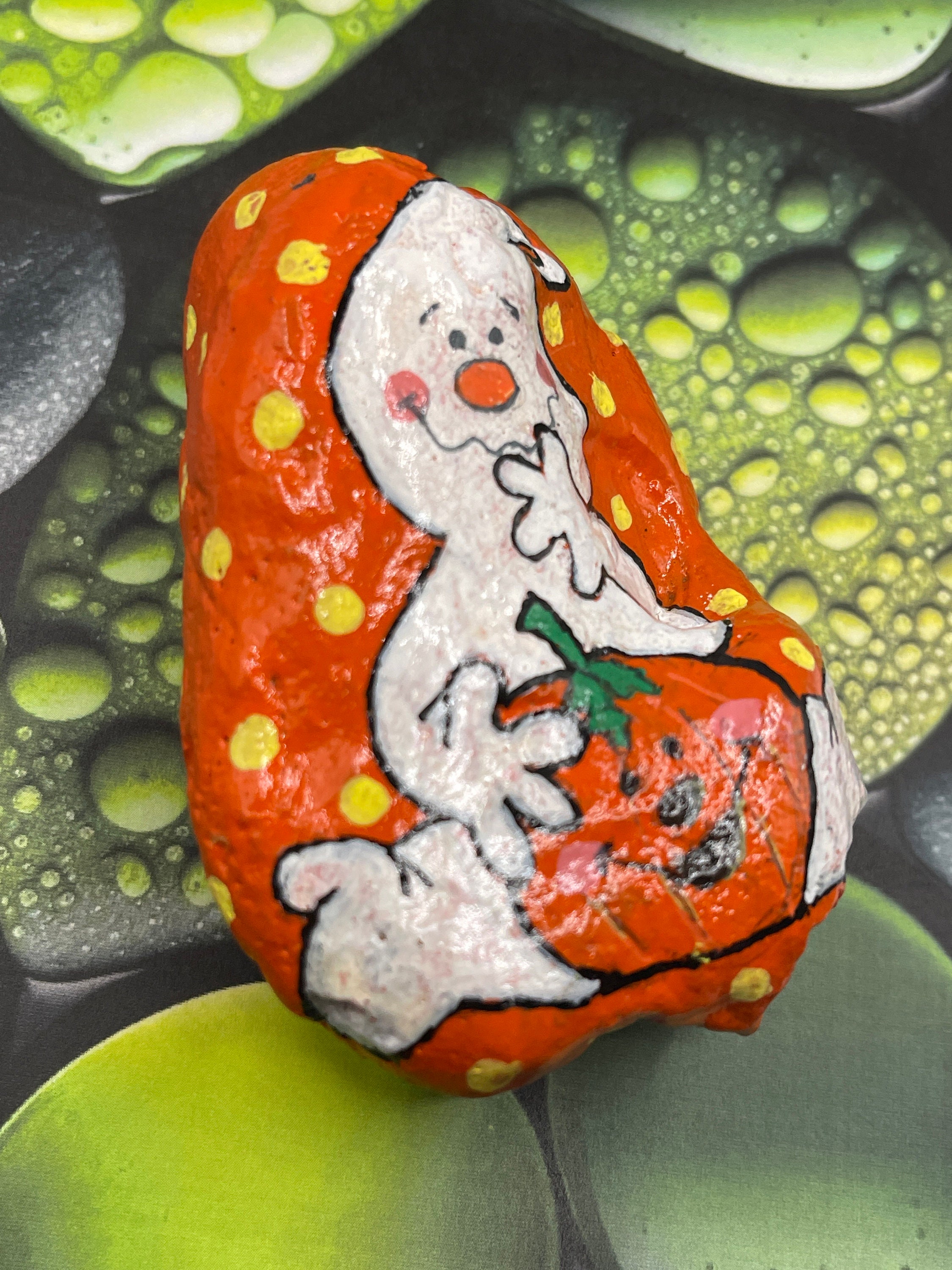 Whimsical Ghost With Pumpkin, Halloween Pebble Art, Hand Painted Rock ...