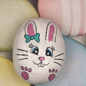 Cute Easter Bunny With a Bow, Easter Decor, Spring Painted Rock, Stone ...