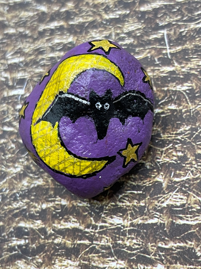 Hand Painted Bat on Crescent Moon Rock, Whimsical Halloween Decor ...