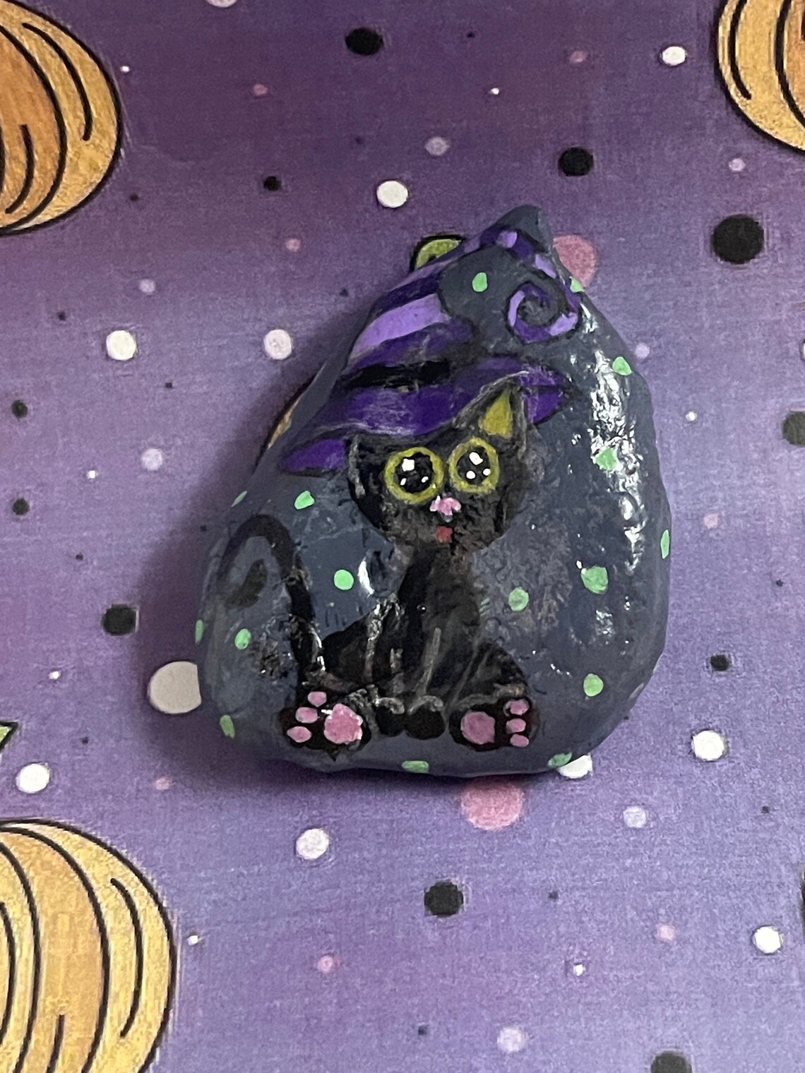 Black Cat With Witch Hat, Hand Painted Rock, Halloween Decoration ...