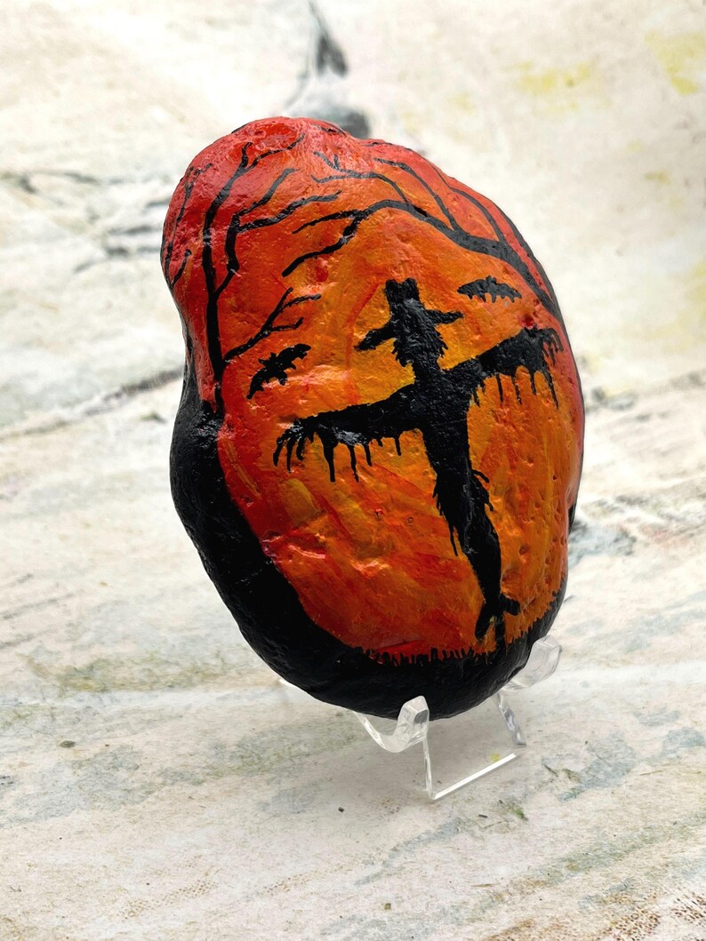 Spooky Scarecrow Silhouette Design Halloween Painted Rock, Fall Harvest ...