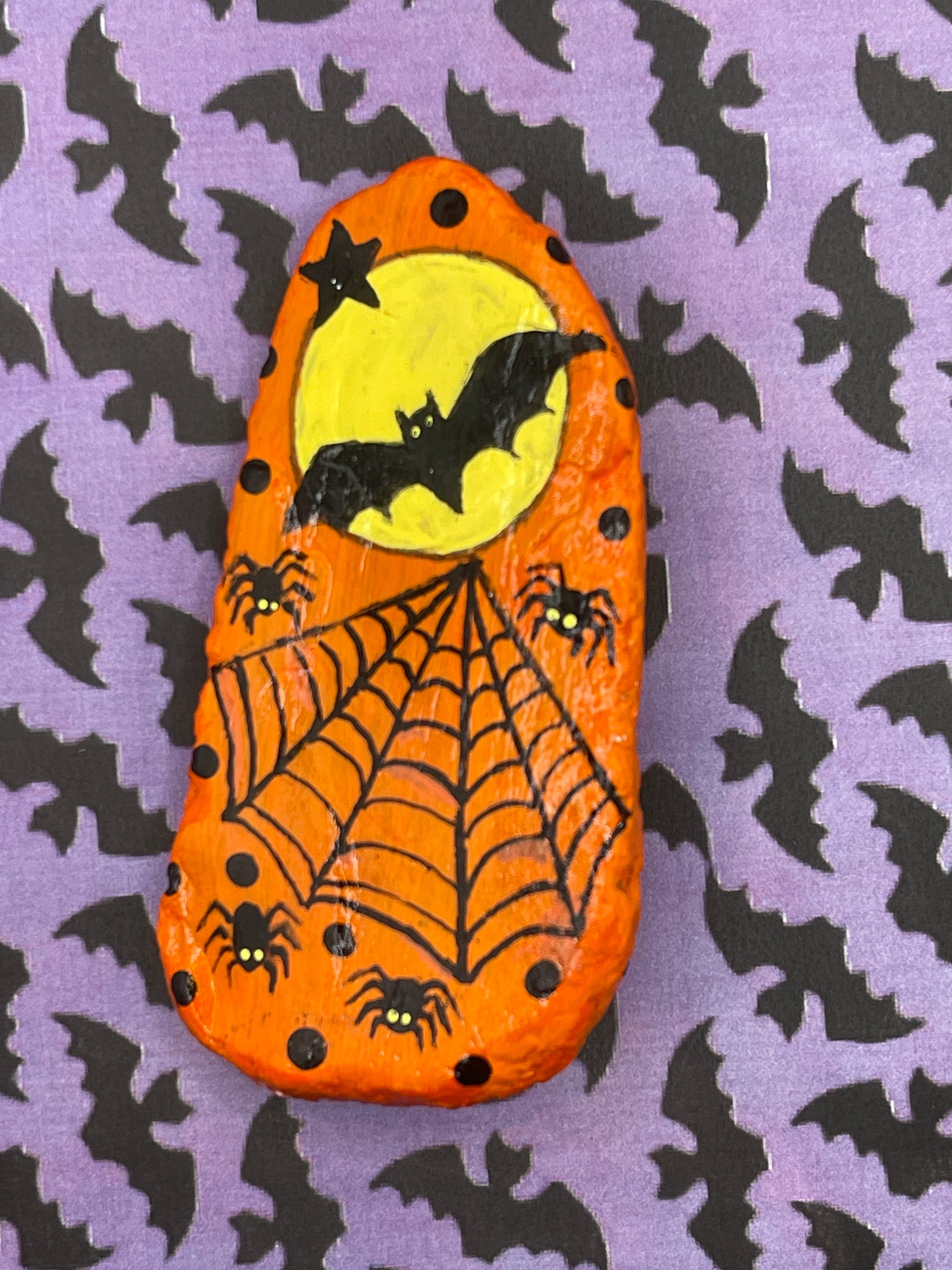 Bat With Full Moon Spiders Spiderweb, Hand Painted Rock, Cute Halloween ...