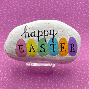 Happy Easter Rock Art on Pastel Eggs, Easter Stone Decor, Hand Painted ...