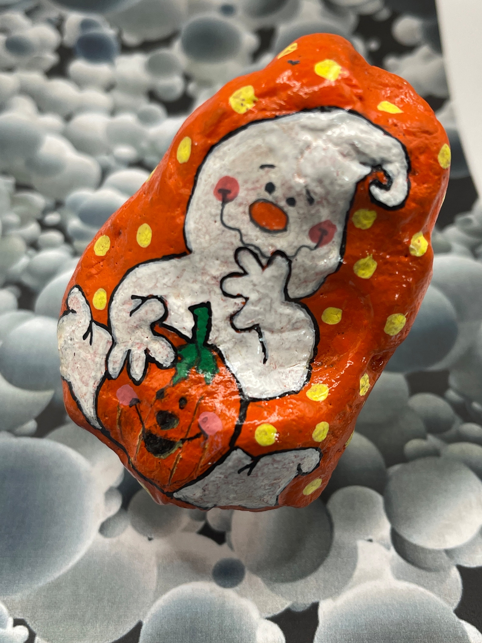 Whimsical Ghost With Pumpkin, Halloween Pebble Art, Hand Painted Rock ...