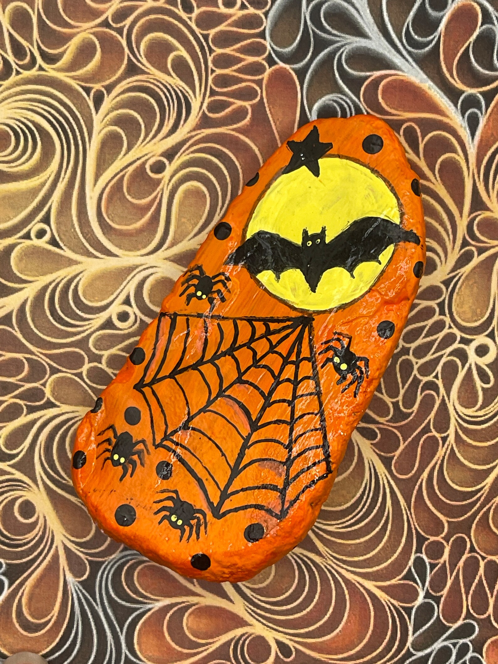 Bat With Full Moon Spiders Spiderweb, Hand Painted Rock, Cute Halloween ...