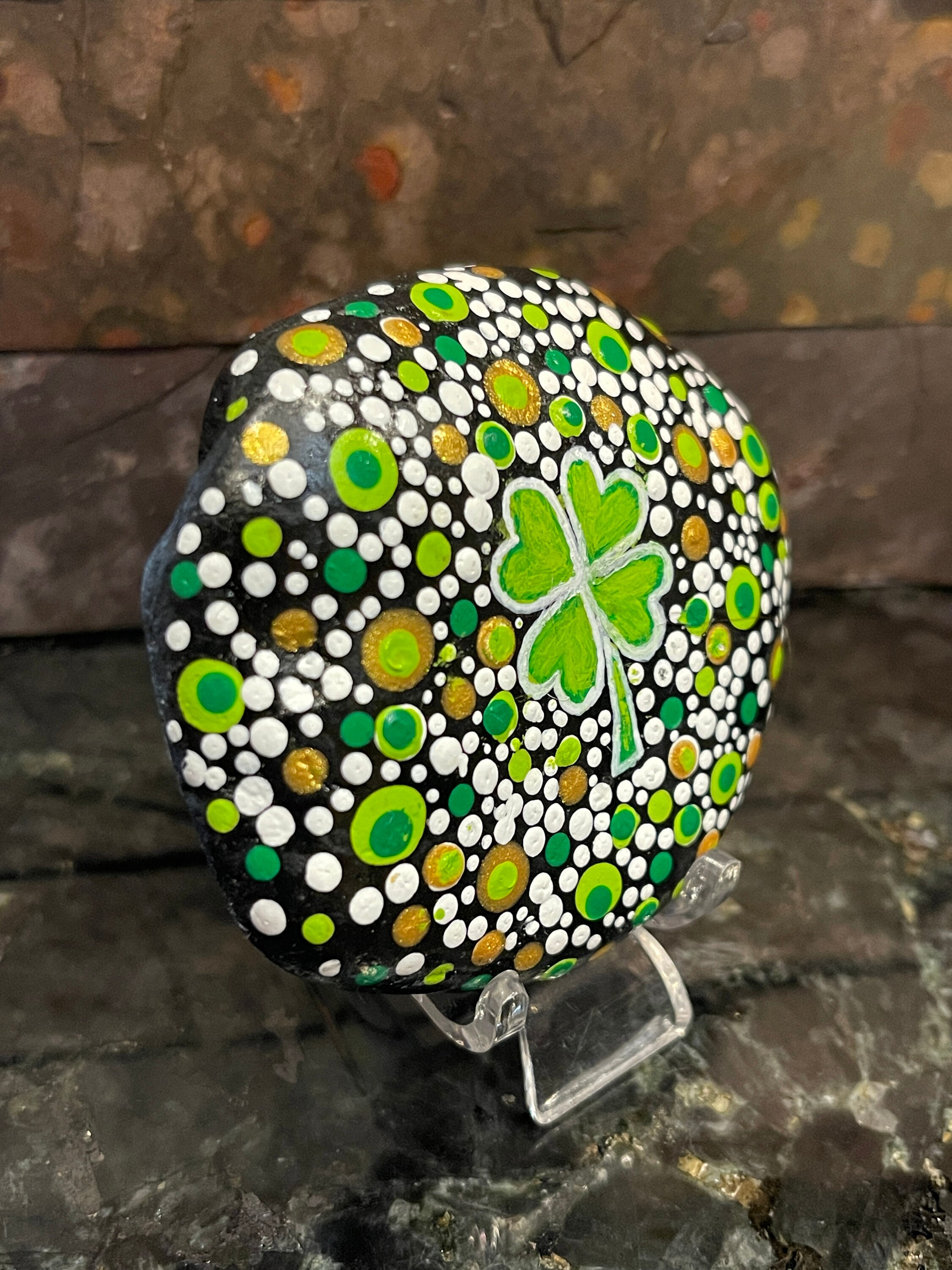 Green Gold and White Dot Art With Four Leaf Clover, St. Patrick's Day ...