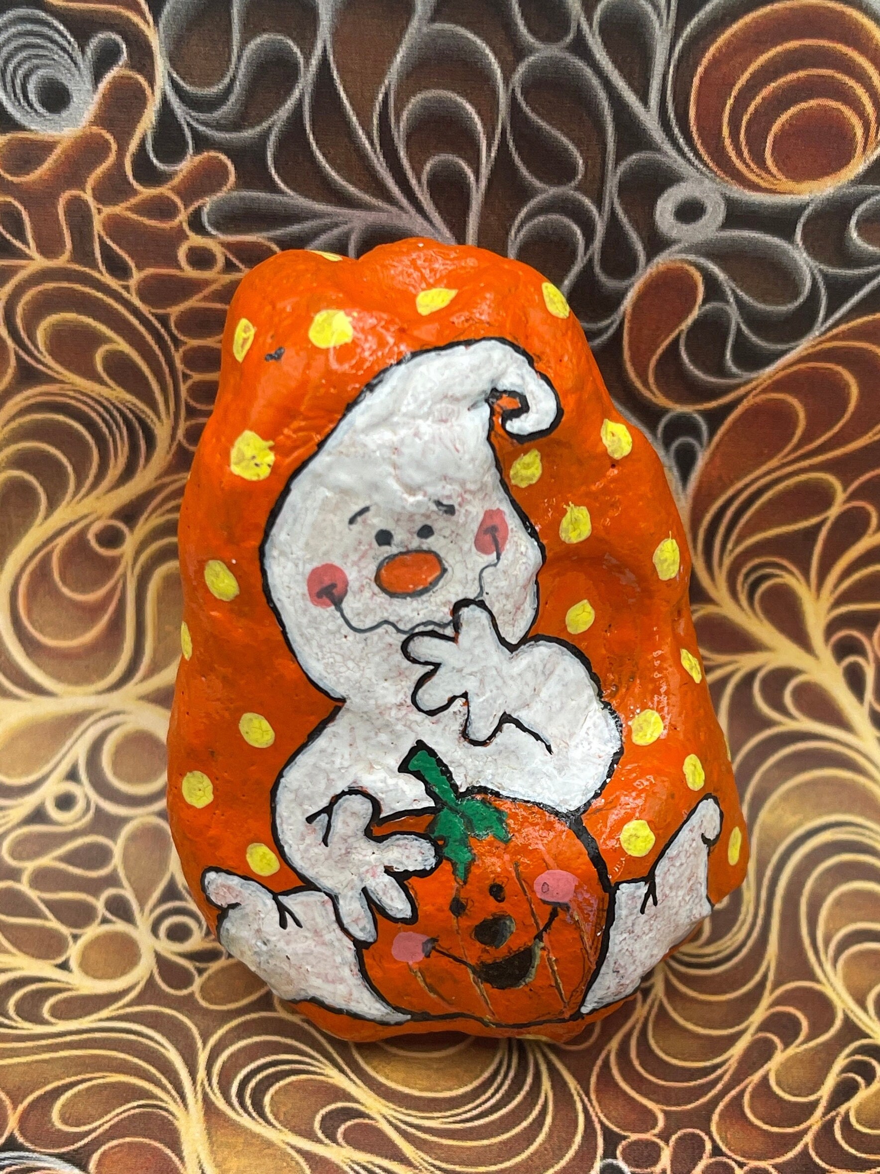 Whimsical Ghost With Pumpkin, Halloween Pebble Art, Hand Painted Rock ...